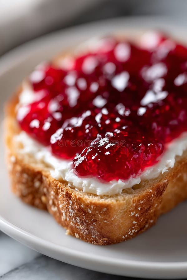 A Piece of Bread Topped with Jam and Cream Cheese on a White Plate Stock Image - Image of marble ...