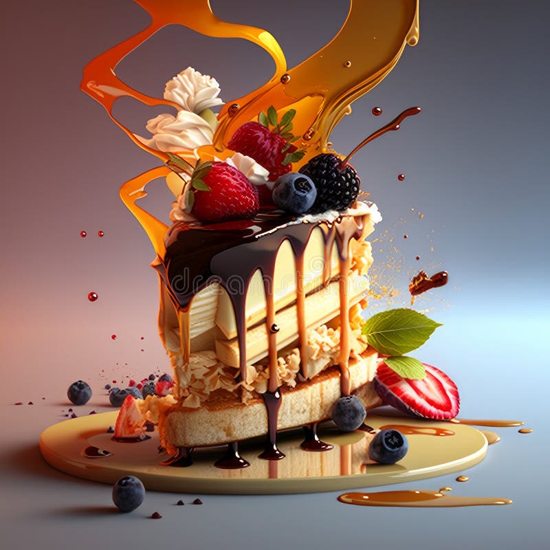 Piece of Cake is Being Drizzled with Chocolate and Berries. Generative ...