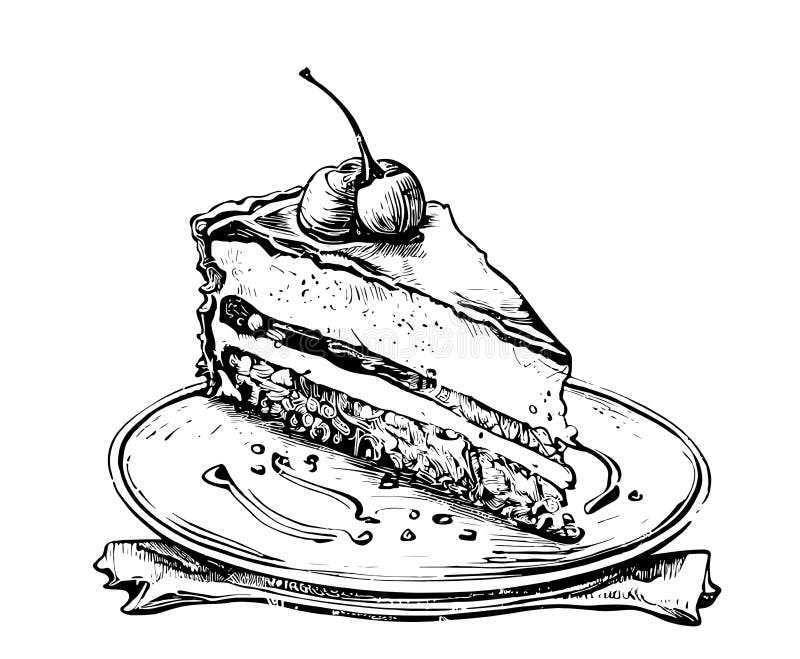 Piece of Cake on a Plate Hand Drawn Sketch Stock Vector - Illustration ...