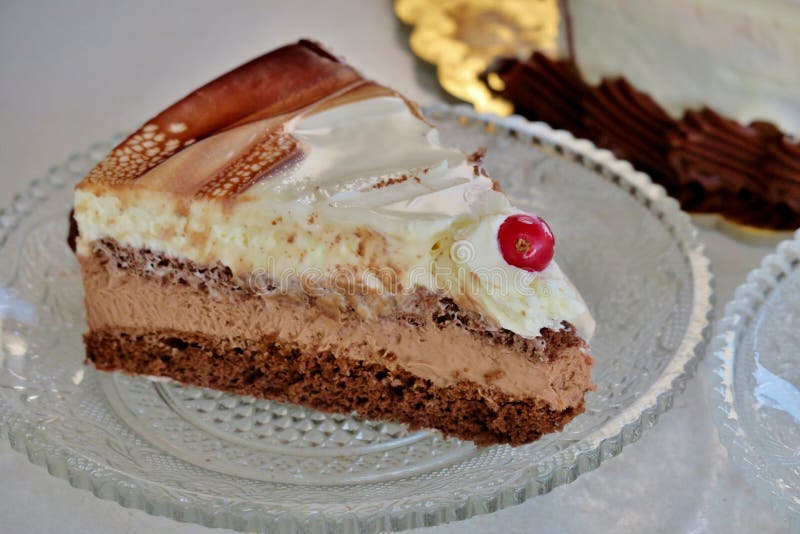 A Piece of Cake of Three Different Layers on a Small Plate Stock Image ...