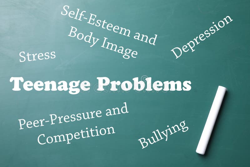 Piece of Chalk and Most Common Teens Problems Written on Greenboard ...