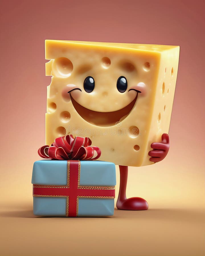 Piece of Cheese with a Face with Blue Gift Box Stock Illustration ...