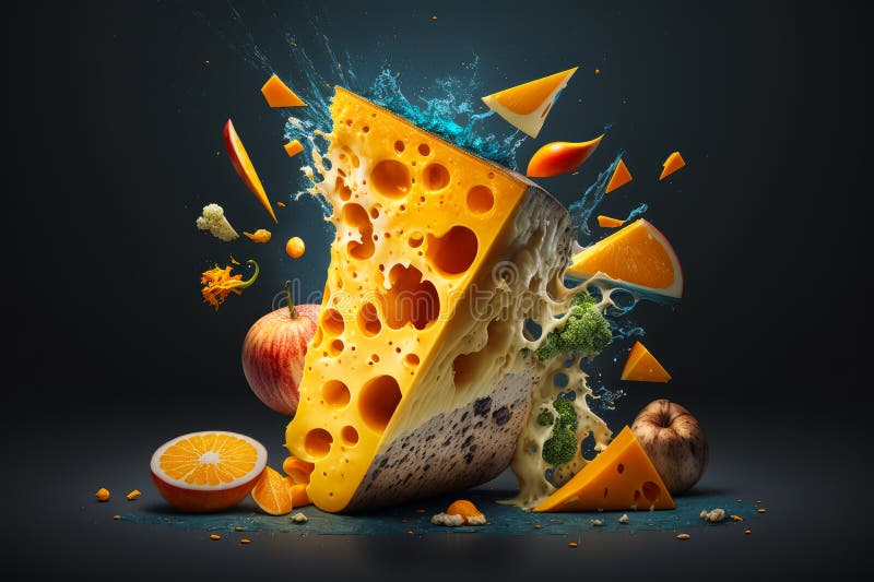 Piece of Cheese with Fruit and Water Splashing Out of it. Generative AI ...