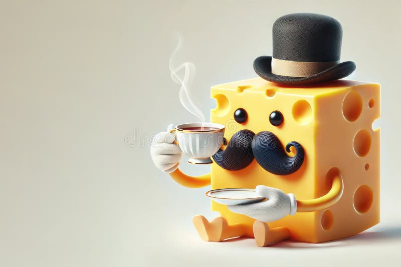 A Piece of Cheese with a Mustache and a Hat Drinks Tea. Space for Text ...
