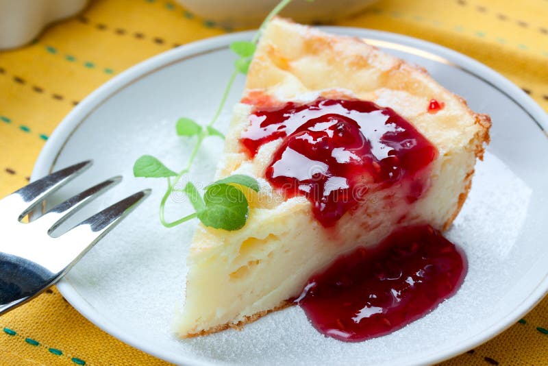 Piece of Cheesecake with Raspberry Jam Stock Image - Image of food ...
