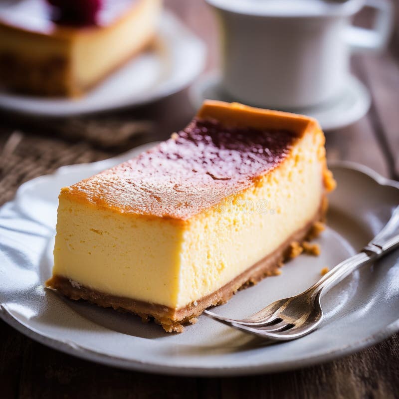 Rectangular Slice of Cheesecake on White Plate with Silver Fork Stock ...