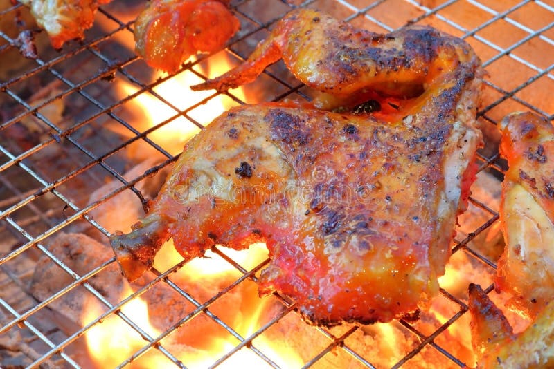 Piece of Chicken Thigh Over on Barbecue Grill with Fire. Stock Image ...