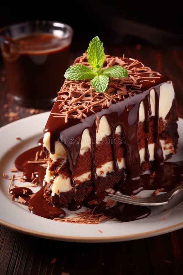 A Piece of Chocolate Cake with Cream, Chocolate Icing and Chocolate ...