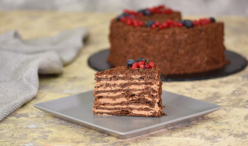 Piece of Chocolate Napoleon Cake. Chocolate Cake with Berry. Stock ...