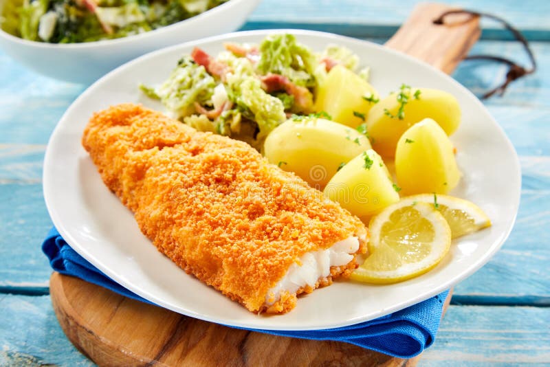 Piece of Crispy Breaded Fish with Potatoes Stock Image - Image of ...