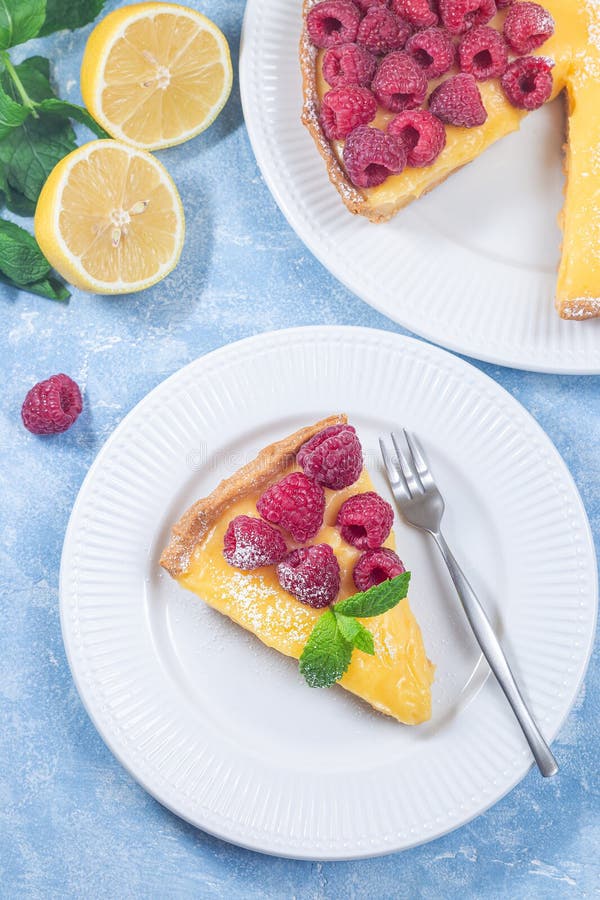 Piece of Delicious Lemon Tart with Fresh Raspberry, on Plate, Vertical ...