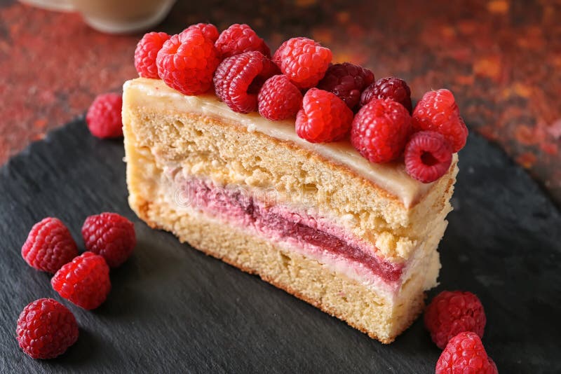 Piece of Delicious Raspberry Cake on Slate Plate, Closeup Stock Image ...
