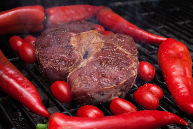 Piece of fat Beef on grill stock photo. Image of brisket - 40078068