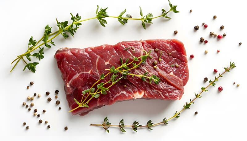 Piece of Fresh Beef Meat and Thyme Isolated on White, Top View Stock ...