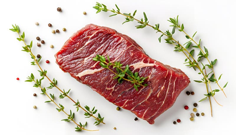 Piece of Fresh Beef Meat and Thyme Isolated on White, Top View Stock ...
