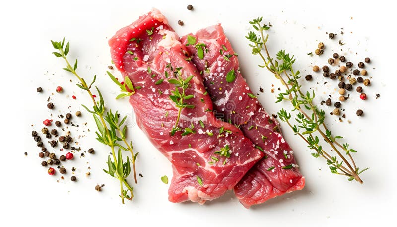 Piece of Fresh Beef Meat and Thyme Isolated on White, Top View Stock ...