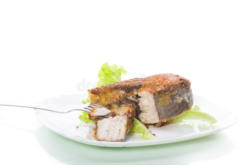 Piece of Fried Pike Fish in a Plate Isolated on White Stock Image ...