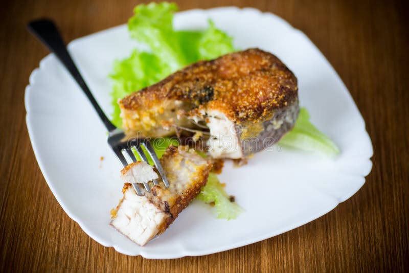 Piece of Fried Pike Fish in a Plate on a Wooden Stock Photo - Image of ...