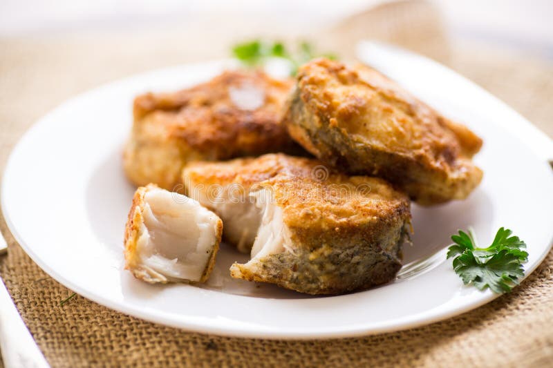 A Piece of Hake Fish Fried in a Crispy Crust, in a Plate. Stock Image ...