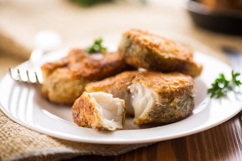 A Piece of Hake Fish Fried in a Crispy Crust, in a Plate. Stock Photo ...
