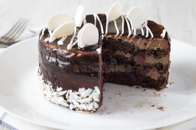 Piece of Homemade Chocolate Cherry Cake on a White Plate, Side View ...