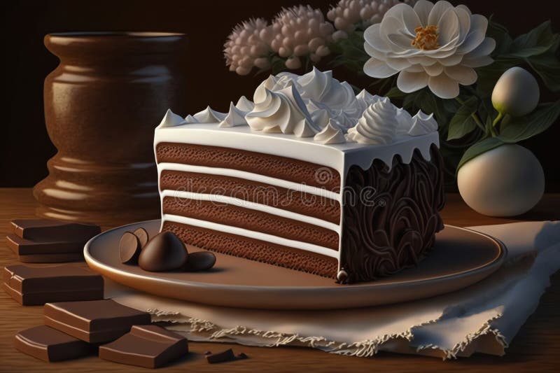 Piece of Layered Chocolate Cake White Cream. Cake Drawing. Generative ...