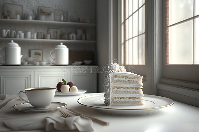 Piece of Layered White Cake White Cream. Cake Drawing. Generative AI ...