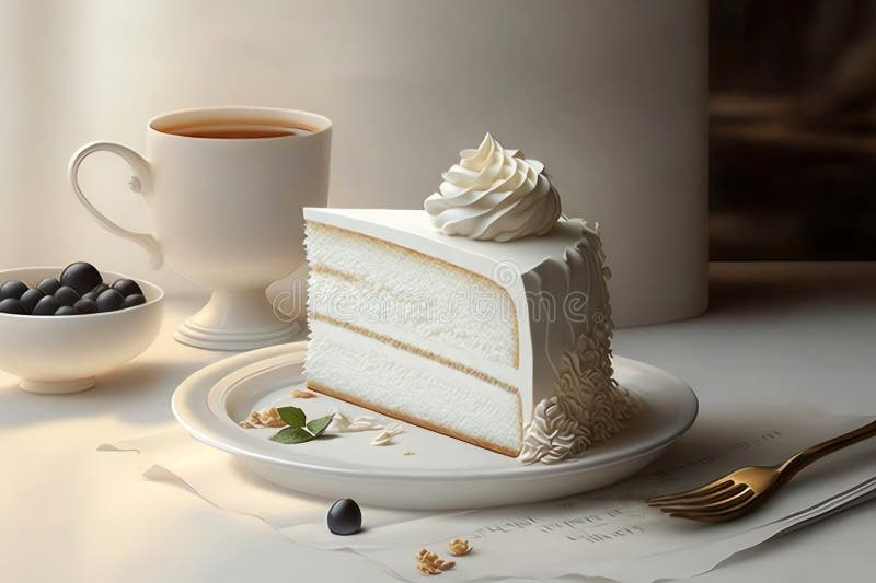 Piece of Layered White Cake White Cream. Cake Drawing. Generative AI ...