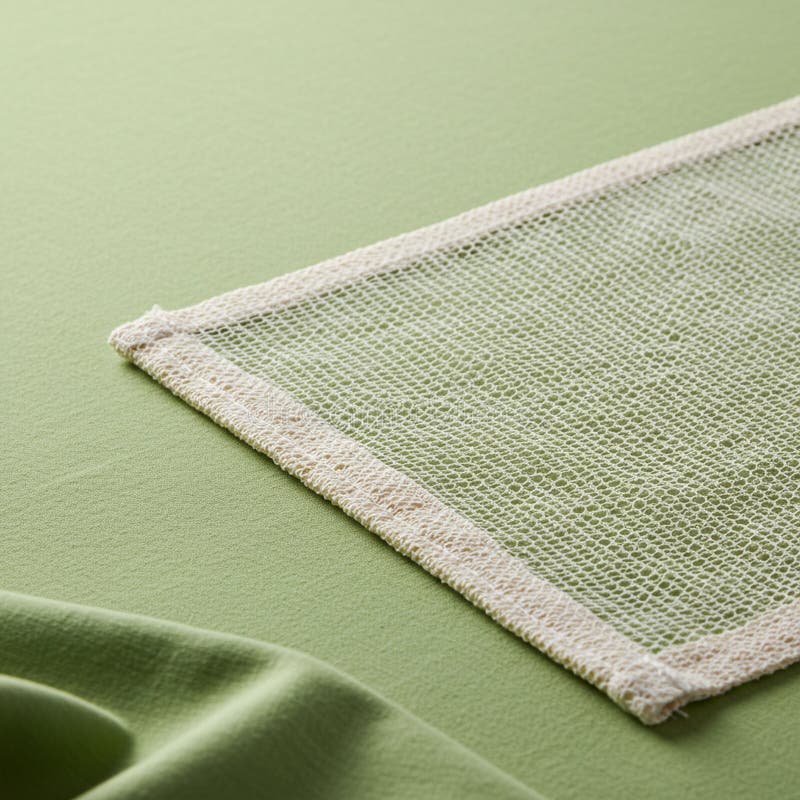 A Piece of Light, Mesh-like Fabric with Stitched Edges Lies on a Smooth ...