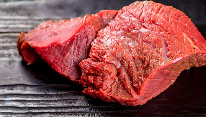 A Piece of Meat is Cut in Half and is Sitting on a Black Surface Stock ...