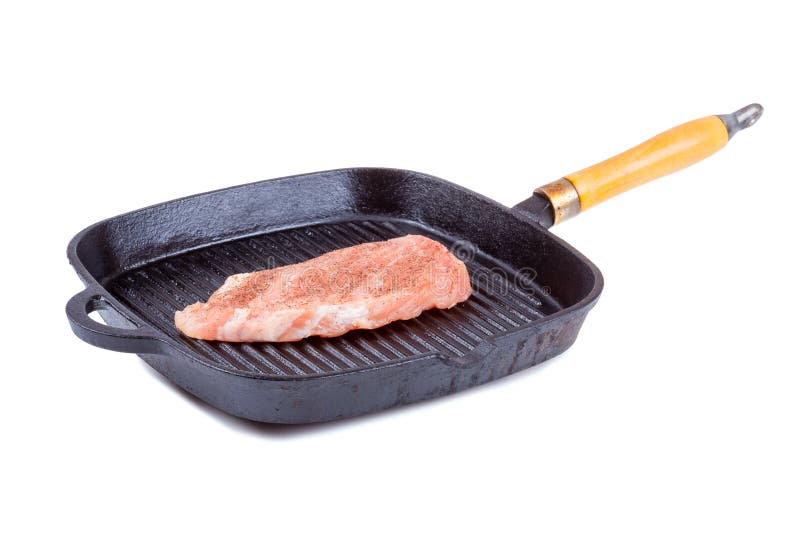 Piece of Meat on Grill Pan Isolated White Background Stock Photo ...