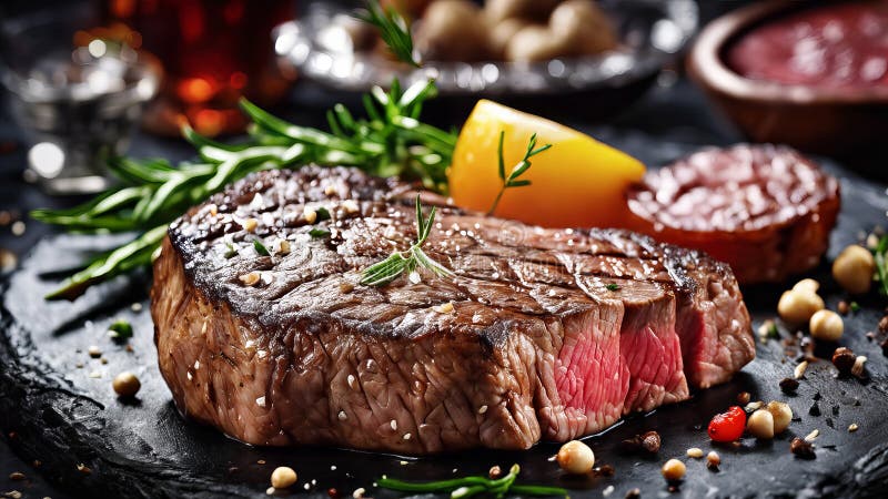 A Piece of Meat with Herbs and Spices on a Plate Stock Image - Image of ...