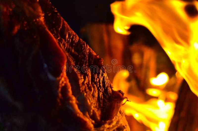 Piece of Meat Roasting on the Fire, Stock Photo - Image of black, blue ...