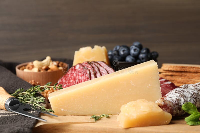Piece of Parmesan Cheese on Snack Platter, Closeup Stock Photo - Image ...