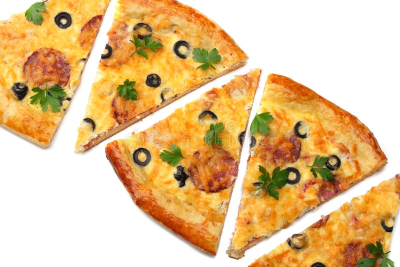 Piece of Pizza with Olives on White Background. Top View Stock Image ...