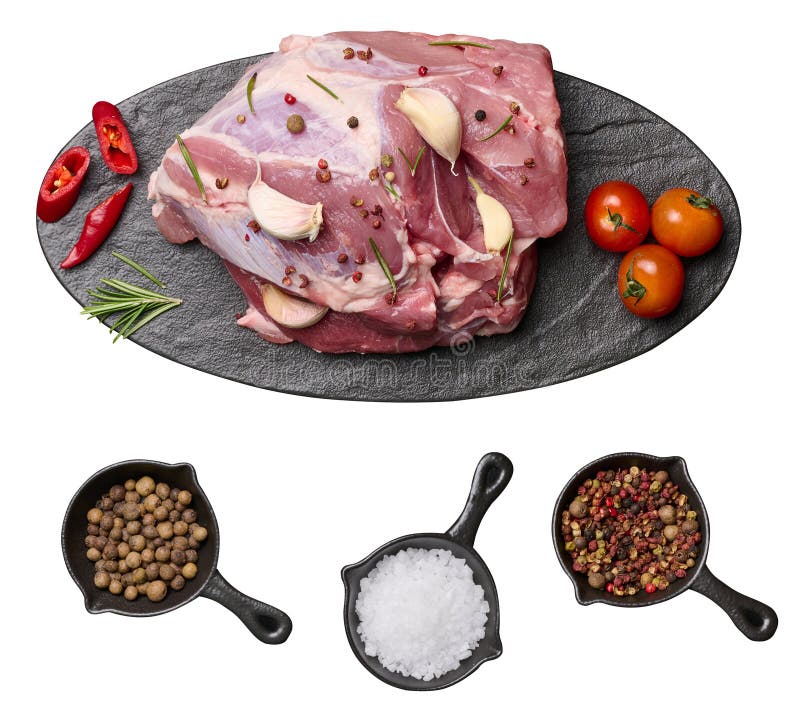 A Piece of Pork Ham on a Black Board and Spices Pepper, Salt. View from ...