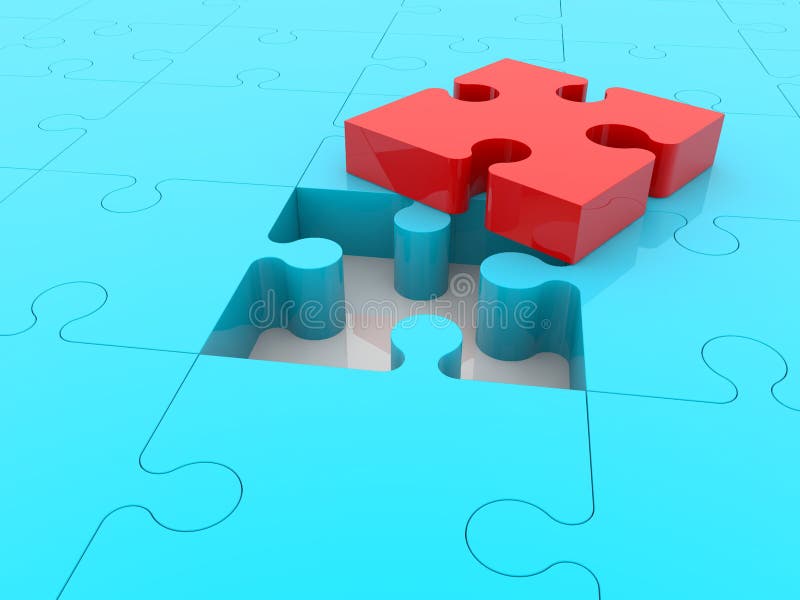 A Piece of Puzzle in Red Over a Light Blue Puzzle Stock Illustration ...