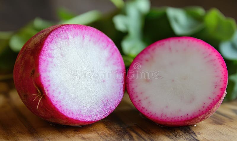 A Piece of Radish is Cut in Half Stock Photo - Image of wooden ...
