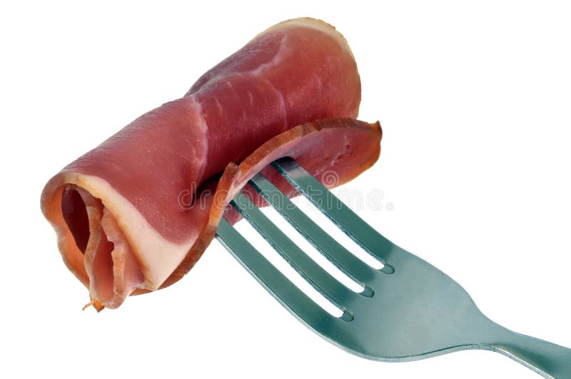 Raw Ham Stung on a Fork in Close-up on White Background Stock Photo ...