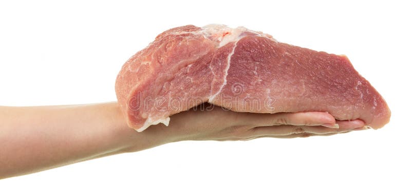 Piece Raw Pork in Female Hand on White Background. Stock Image - Image ...