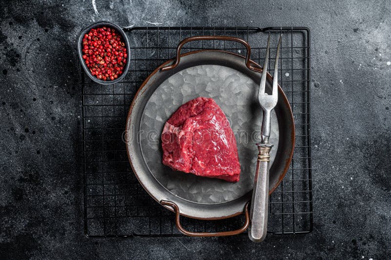 Piece of Raw Rump Steak Prepared for Cooking. Black Background Stock ...