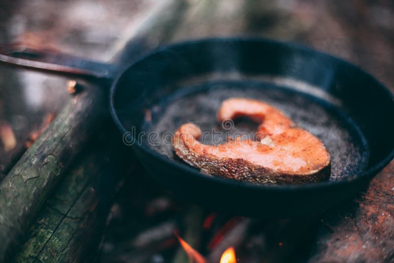 Piece Salmon Pan Over Fire Cooking Nature Grilled Fish Stock Photos ...