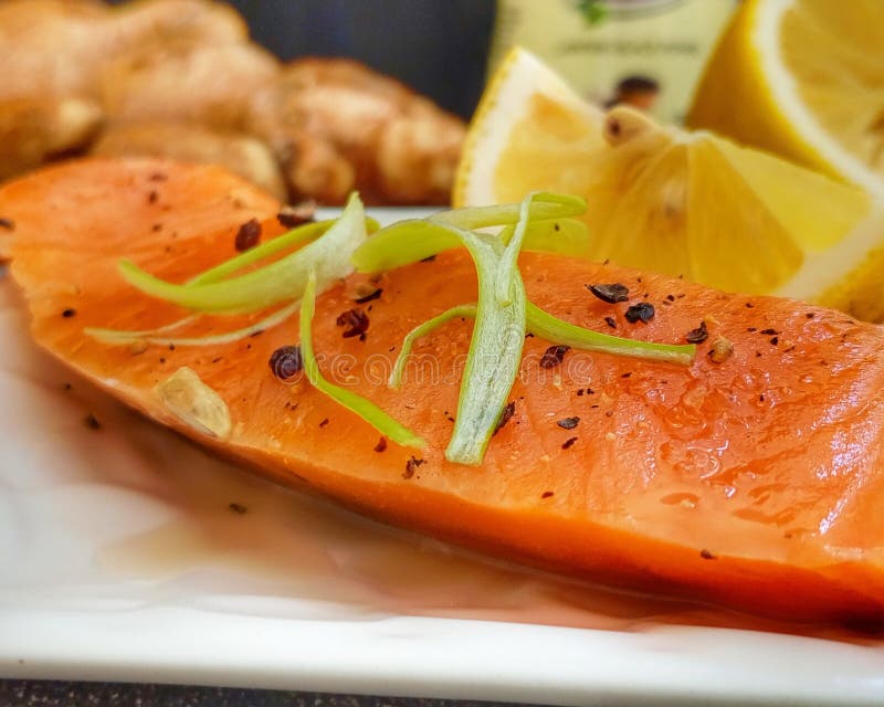 A Piece of Salmon on a Serving Plate Stock Image - Image of dish, fish ...
