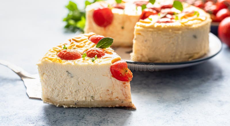 Piece of Savoury Tomato Cheesecake with Herbs Decorated Mint, Blue ...