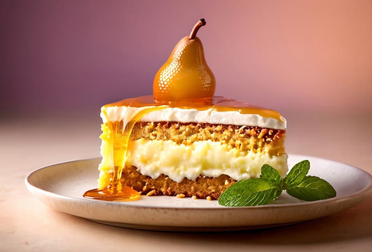 A Piece of Sponge Cake with Cream and Pears Stock Photo - Image of ...