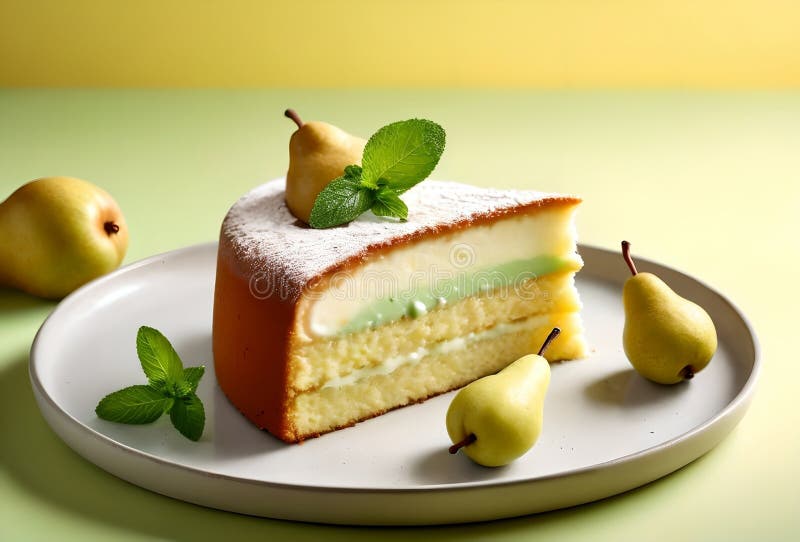 A Piece of Sponge Cake with Cream and Pears Stock Image - Image of ...