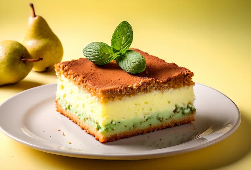 A Piece of Sponge Cake with Cream and Pears Stock Photo - Image of ...