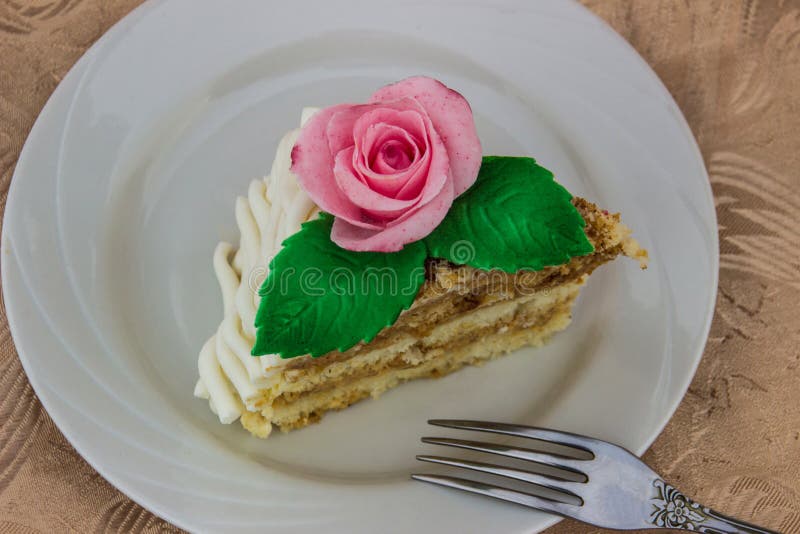 Piece of sponge cake stock photo. Image of fork, pink - 66281844