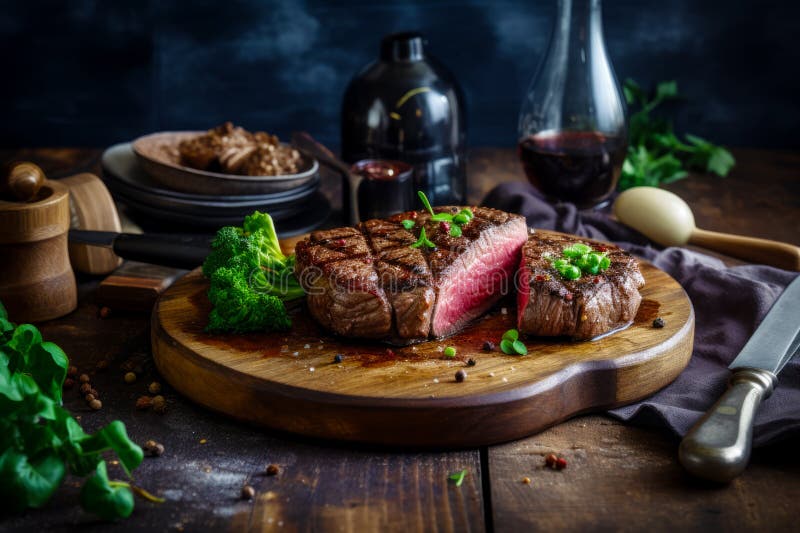 Piece of Steak Sitting on Top of Cutting Board Next To Broccoli ...
