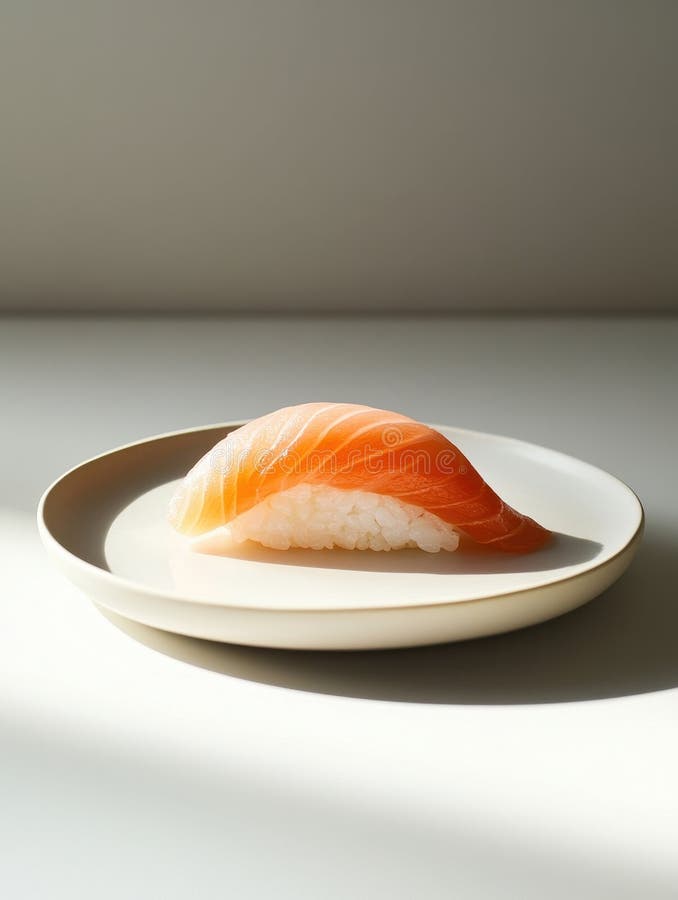 A Piece of Sushi Featuring Salmon on a Simple Plate, Illuminated by ...